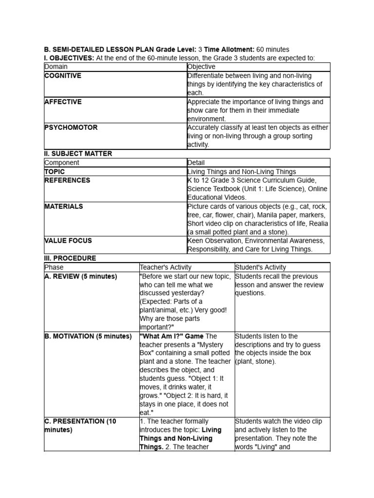 Grade 3 Lesson Plan: Living vs. Non-Living | PDF | Lesson Plan | Cognition
