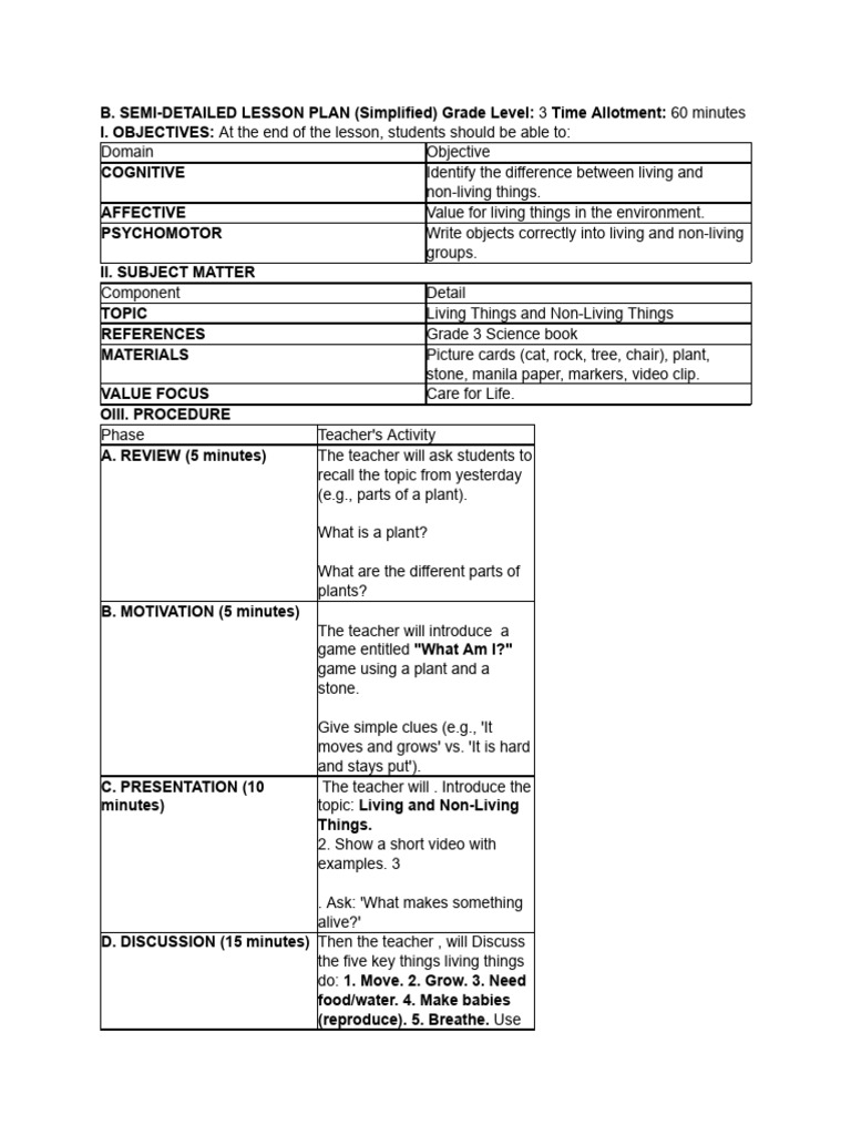 Grade 3 Lesson Plan: Living vs Non-Living | PDF | Lesson Plan | Mental ...