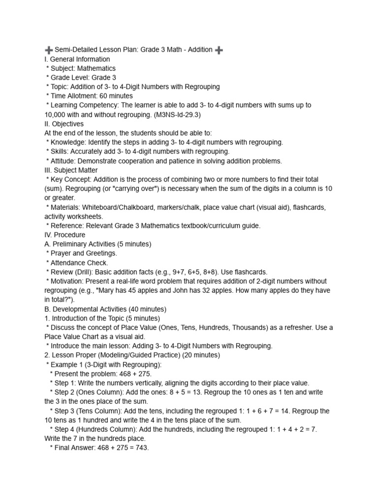 Semi-Detailed Lesson Plan - Grade 3 Math - Addition | PDF | Lesson Plan ...