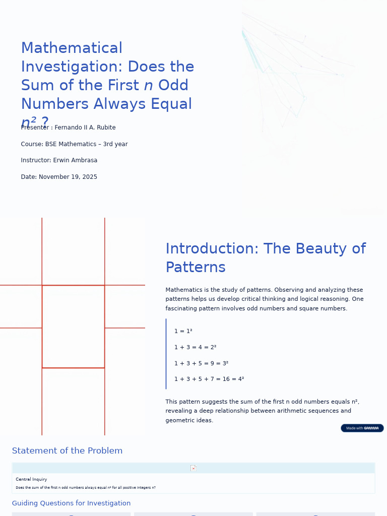 Mathematical Investigation Does the Sum of the First n Odd Numbers Always Equal n (1) | PDF ...