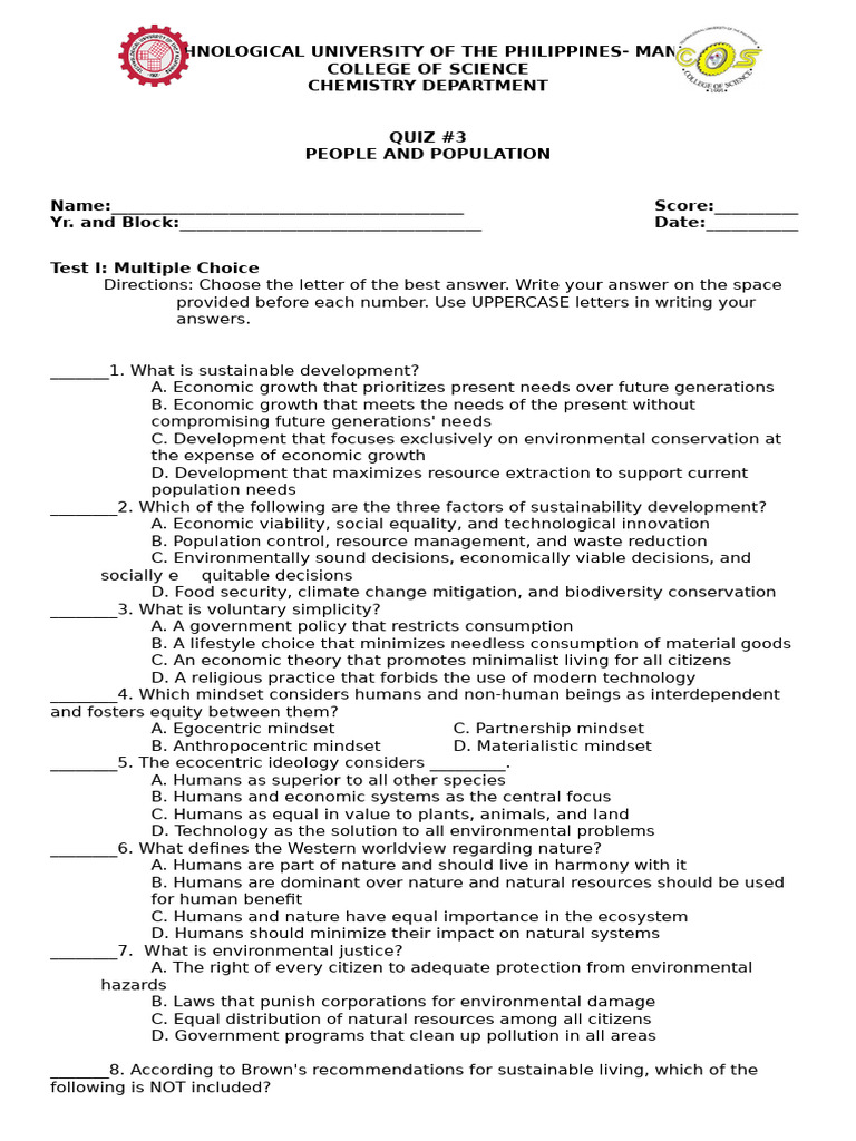 Quiz No 3_people and Population | PDF | Sustainability | Food Security