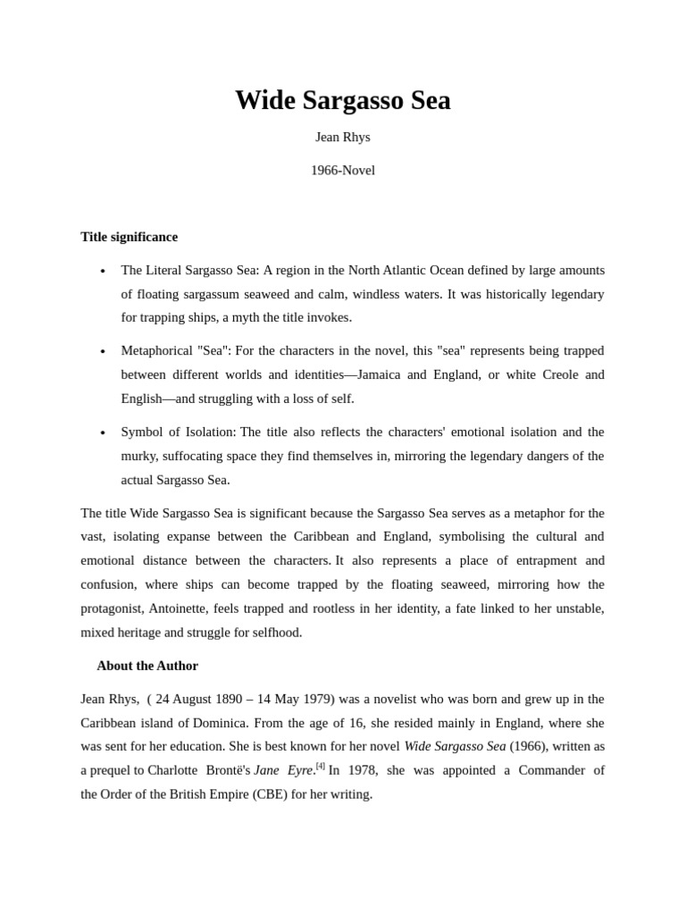 Significance of Wide Sargasso Sea Title | PDF
