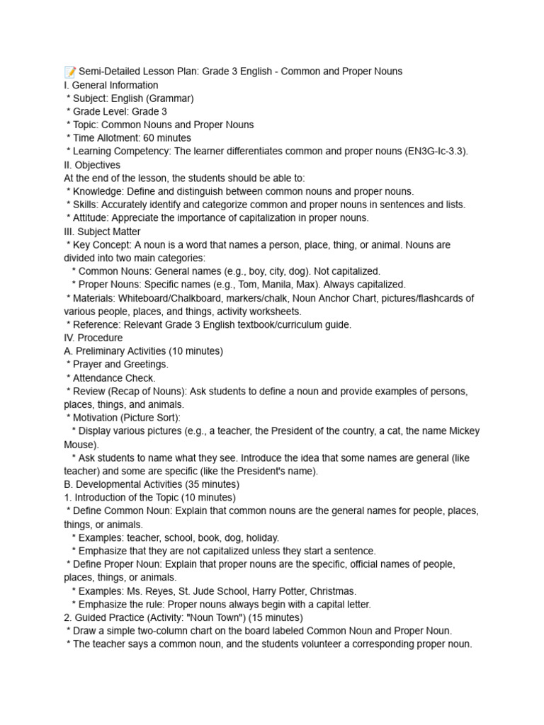 Grade 3 Lesson Plan: Nouns Explained | PDF | Noun | Lesson Plan