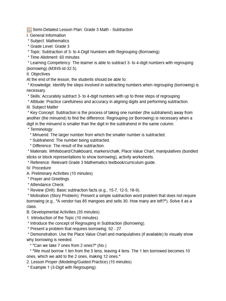 ? Semi-Detailed Lesson Plan - Grade 3 Math - Subtraction | PDF | Subtraction | Learning