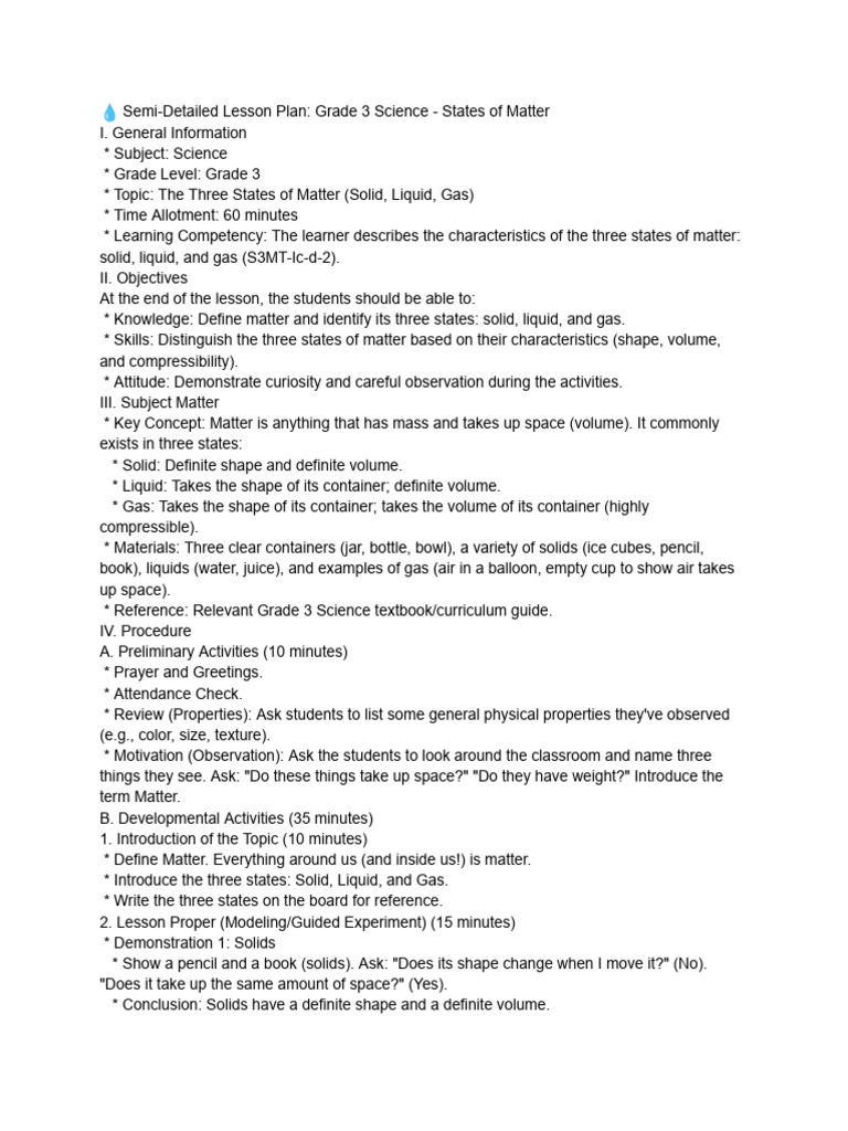 Grade 3 Science Lesson: States of Matter | PDF | Gases | Matter