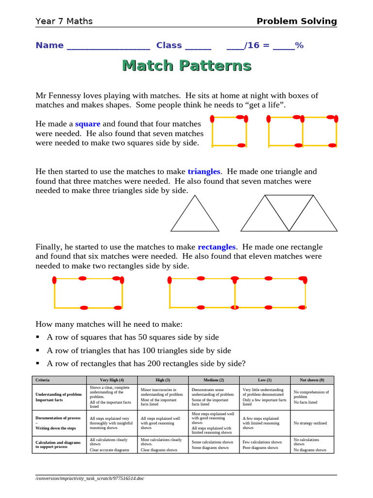 Year 7 Maths: Match Patterns Problem Solving | PDF
