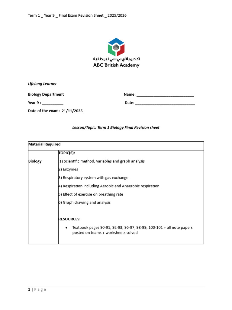 Term 1 - Year 9 - Biology Revision Sheet 2025 | PDF | Breathing | Enzyme
