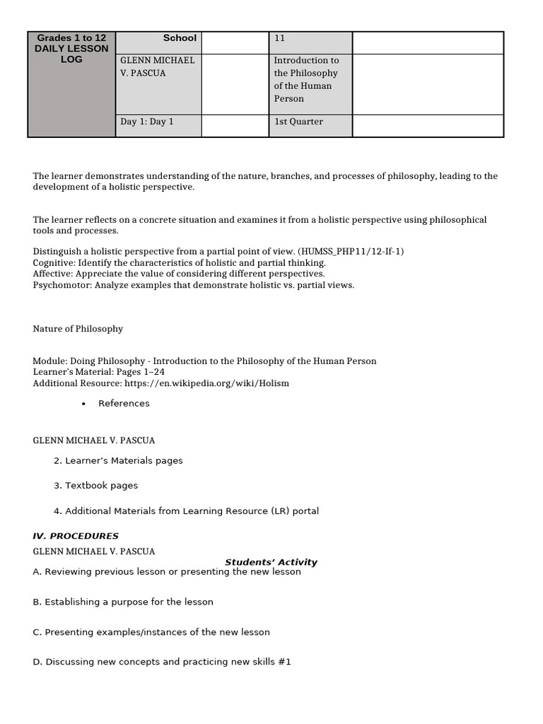 Daily Lesson Log: Philosophy Overview | PDF | Learning | Teachers