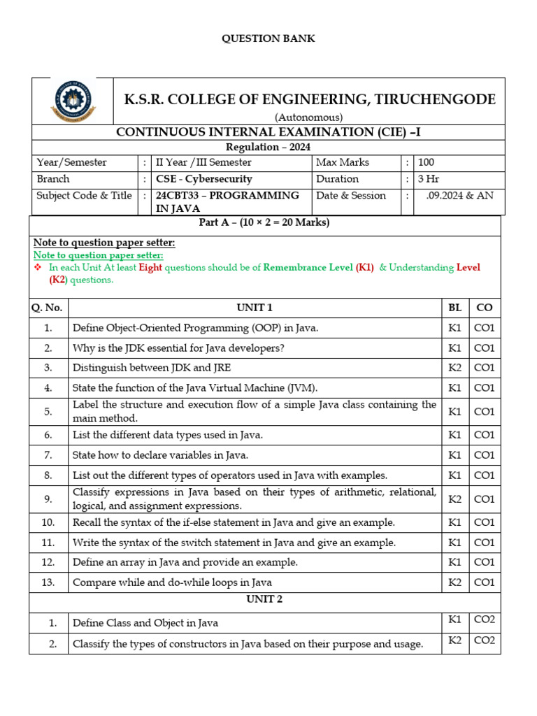 24cbt33 - Programming in Java Question Bank 29.08.2025 | PDF | Method ...