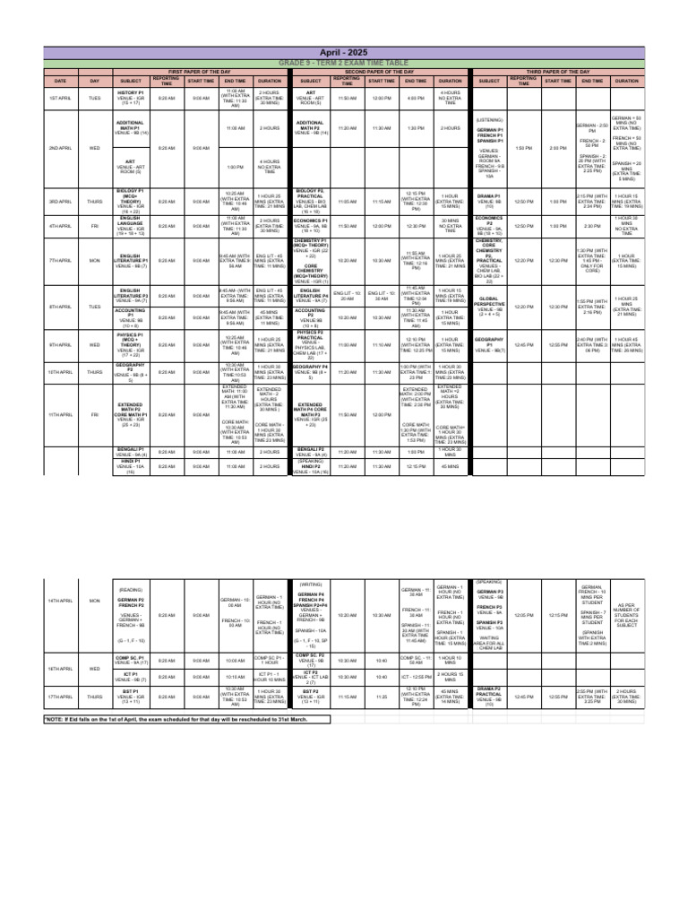 2025 Grade 9 Term 2 Exam Timetable | PDF