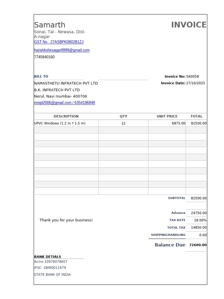 Invoice SA0058 for UPVC Windows Sale | PDF