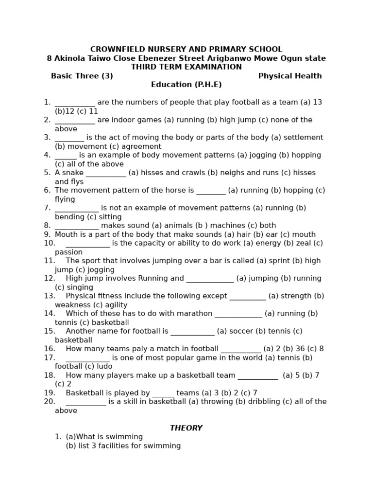 PHE Exam Questions for Basic Three Students | PDF