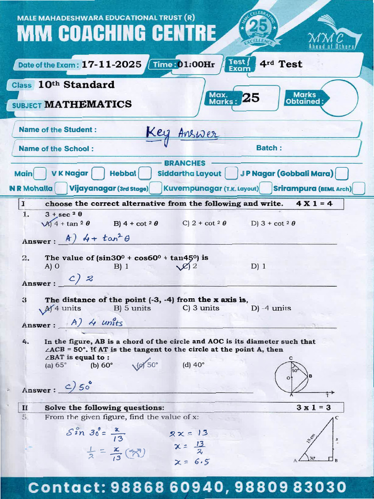 10th STD Mathematics 4th Test Key Answer | PDF | Circle | Euclidean ...