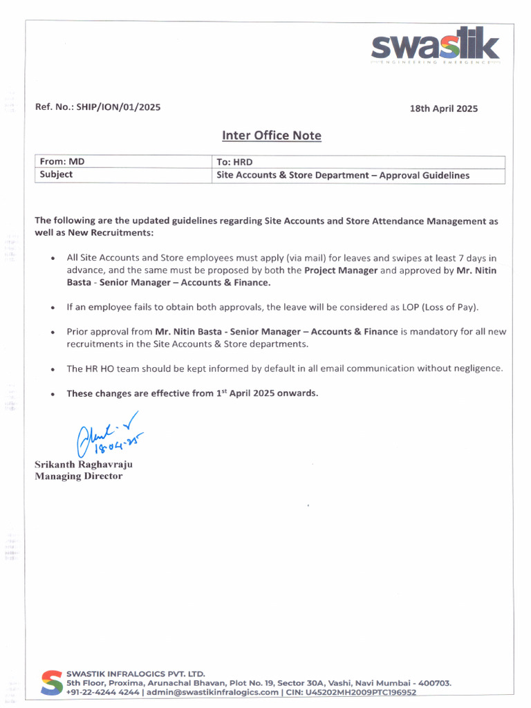 Inter Office Note - Site Accounts & Store Department - Approval ...