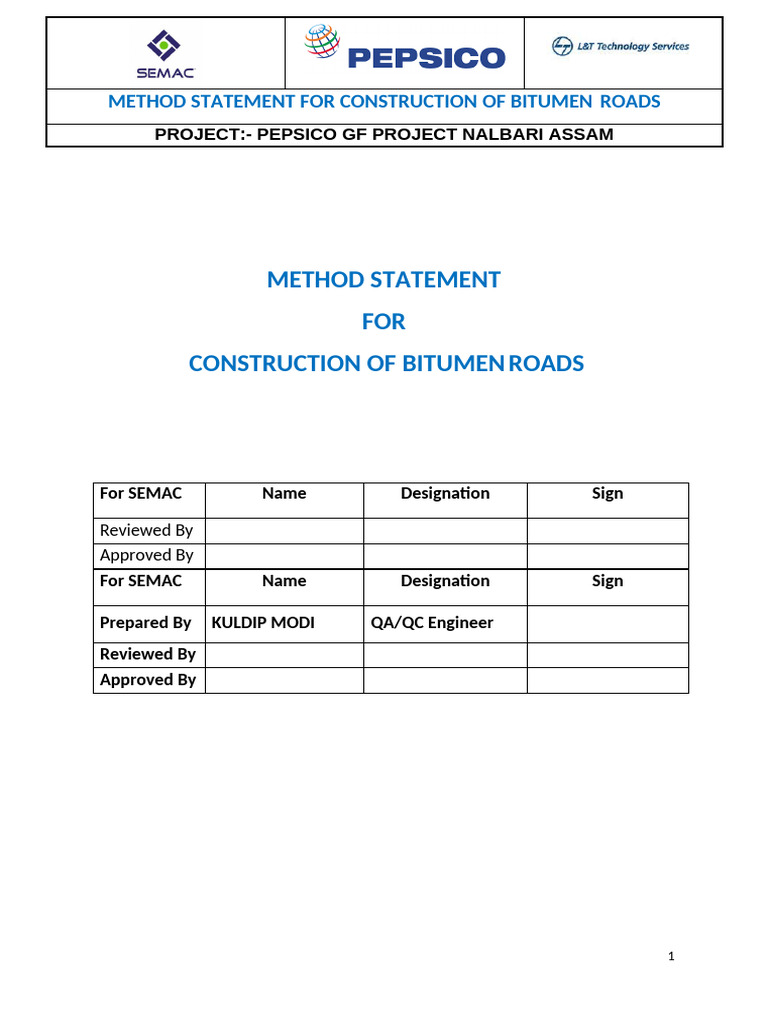 Bitumen Road Construction Method Statement | PDF | Road Surface | Road