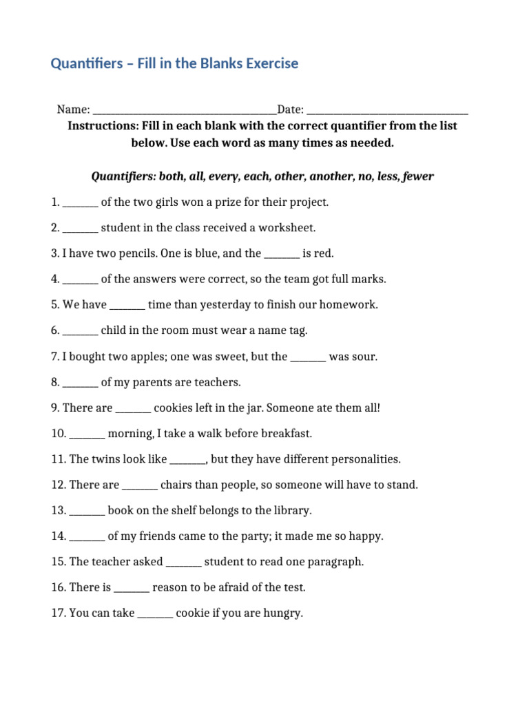 Grade6 Quantifiers Fill in The Blanks | PDF
