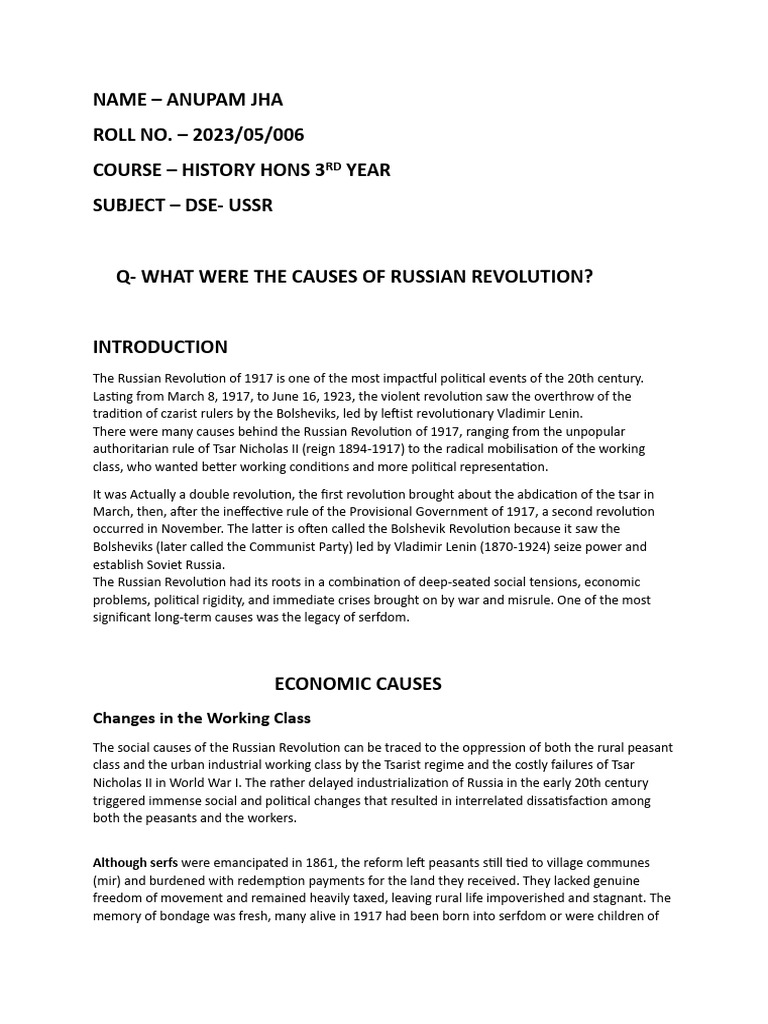 Causes of Russian Revolution Assignment | PDF | Russian Revolution ...