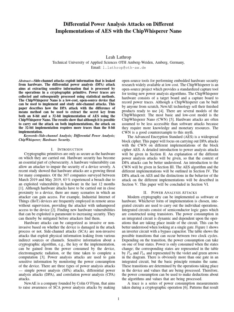 Differential Power Analysis Attacks On Different Implementations of Aes ...