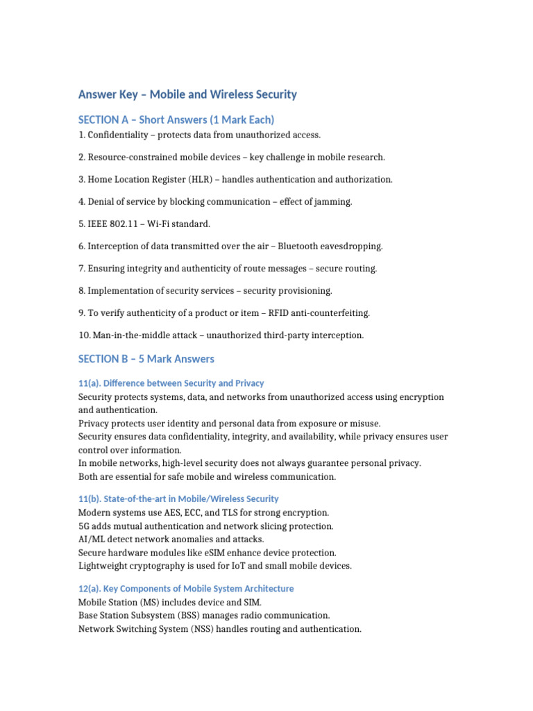 Answer Key Mobile Wireless Security | PDF | Security | Computer Security