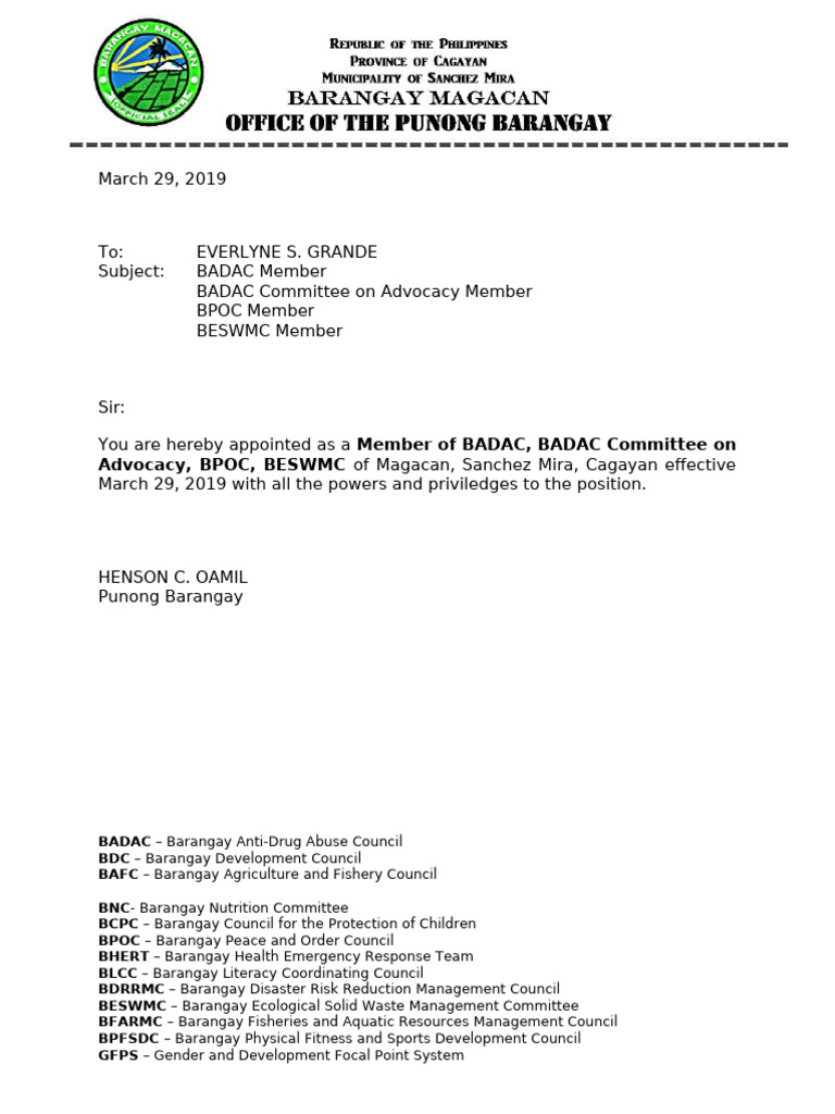 Appointment Letter Format For BBI - S | PDF