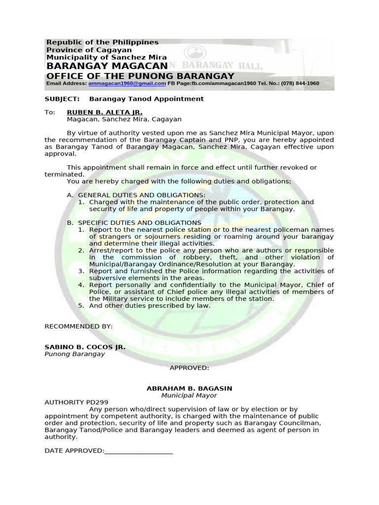 Barangay Tanod Appointment Notice | PDF