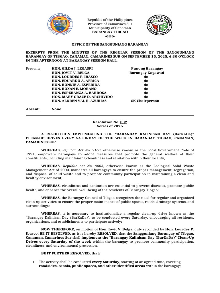 Barangay Kalinisan Day Resolution | PDF | Natural Environment
