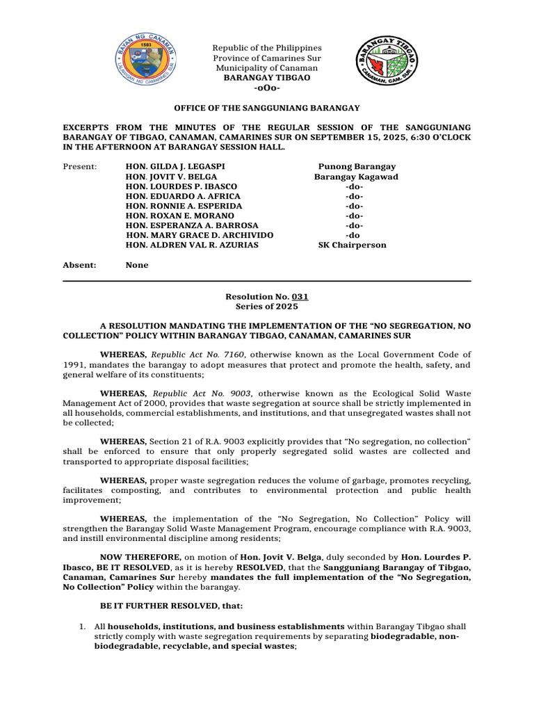 Tibgao Barangay Waste Management Policy | PDF | Waste Management ...