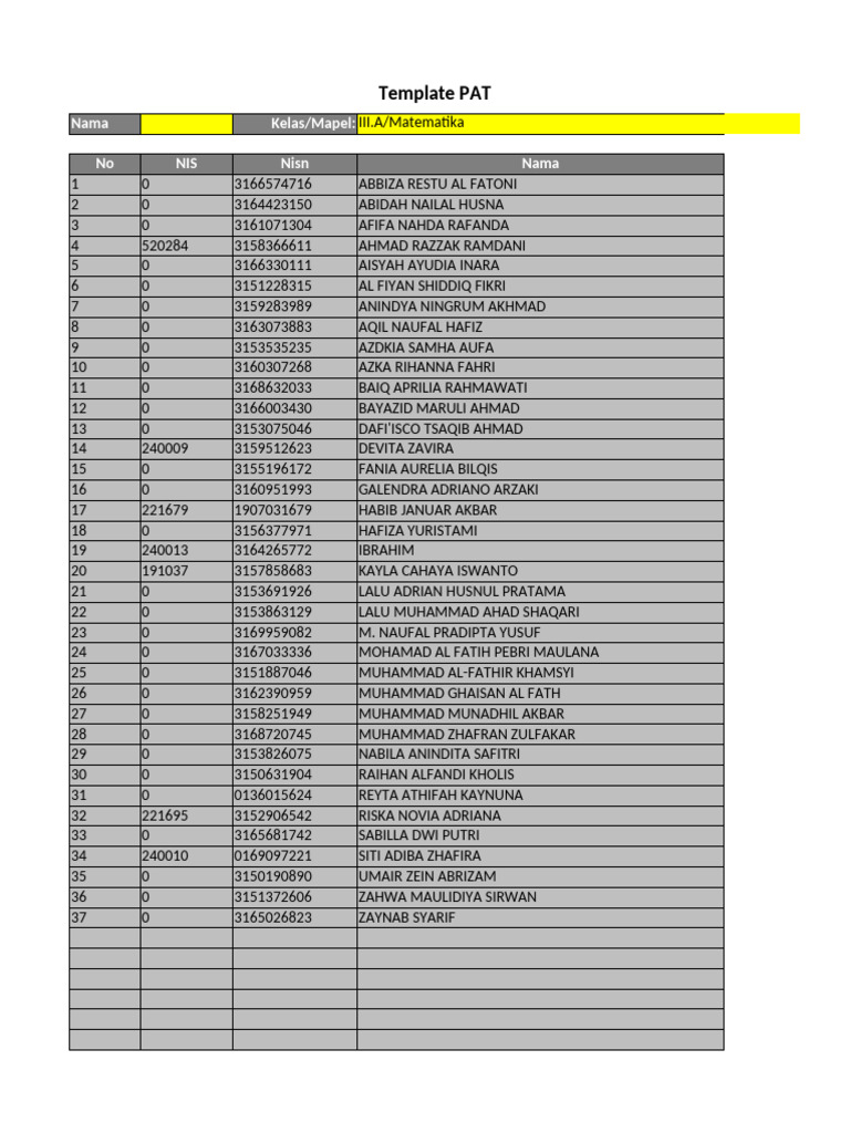 Template PAT Kelas III.A Matematika | PDF