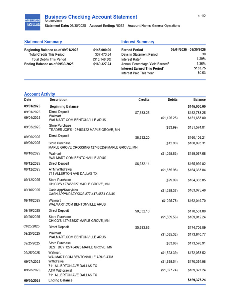 Business Checking Statement Summary | PDF | Economies | Personal Finance