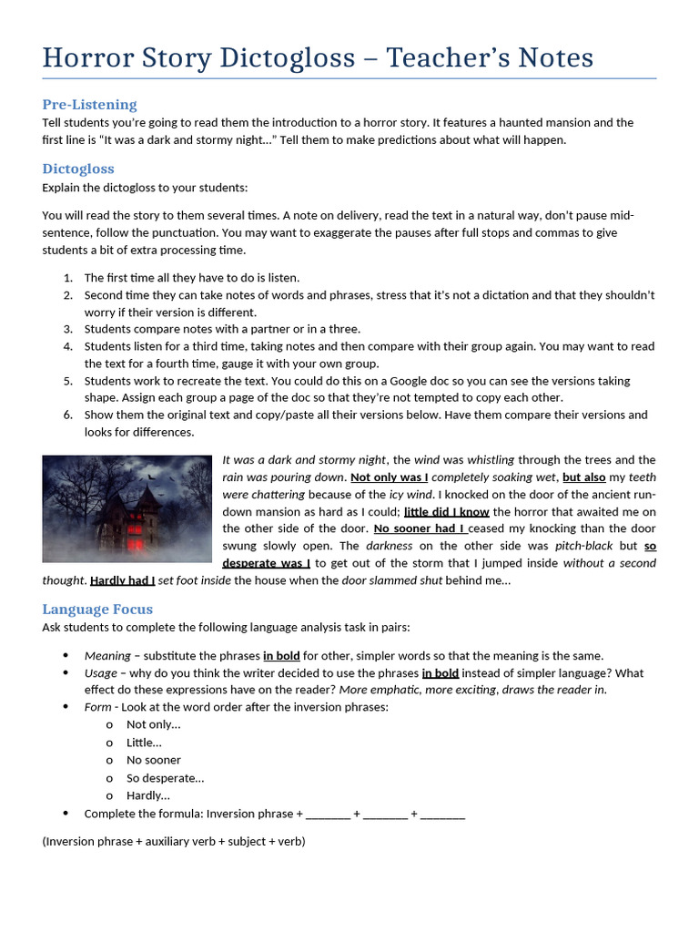 Horror Story Dictogloss Teacher Notes | PDF | Verb | Phrase