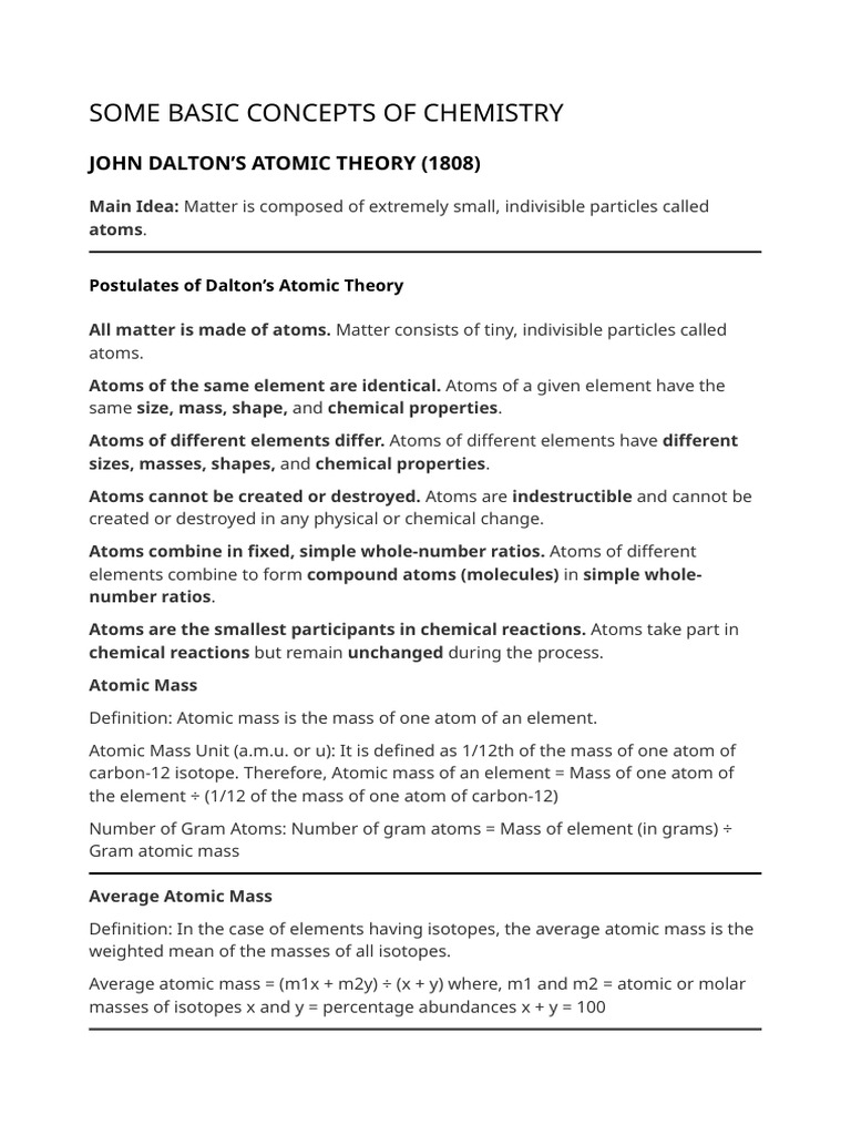 Dalton Atomic Theory and Chemical Laws | PDF | Mole (Unit) | Stoichiometry
