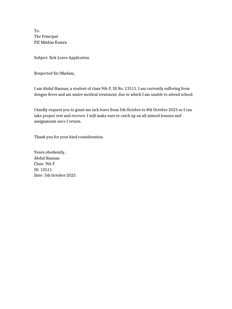 Sick Leave Application for Dengue Fever | PDF