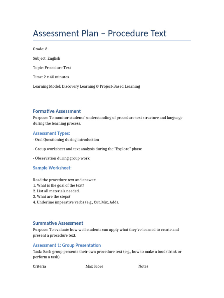 Assessment Plan Procedure Text Grade8 | PDF