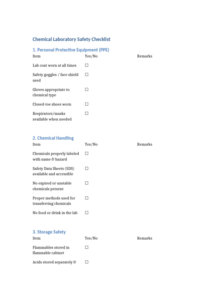 Chemical Lab Safety Checklist | PDF