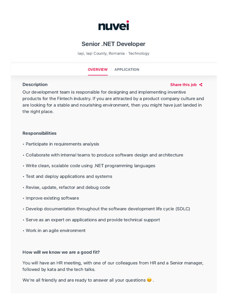 Nuvei - Senior .NET Developer | PDF | Software Development | Computing