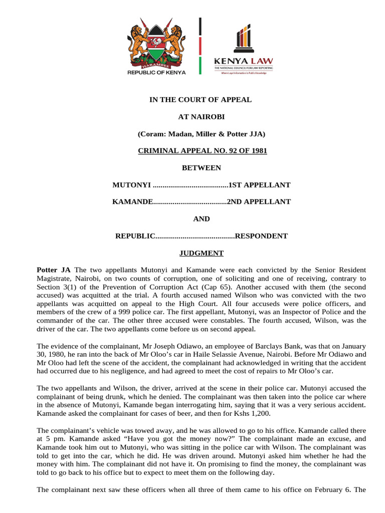 Mutonyi Another V Republic 1982KECA25 (KLR) | PDF | Expert Witness | Appeal
