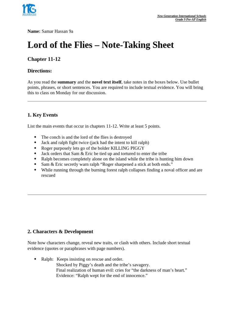 Wk5-LOTF Ch11-12 (Note-Taking Sheet) 5b1eg | PDF
