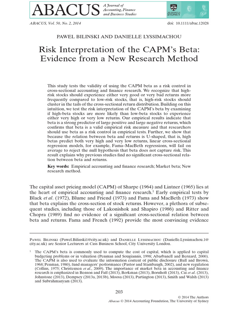 Bilinski, P. and Lyssimachou, D (2014) Risk Interpretation of The CAPM ...