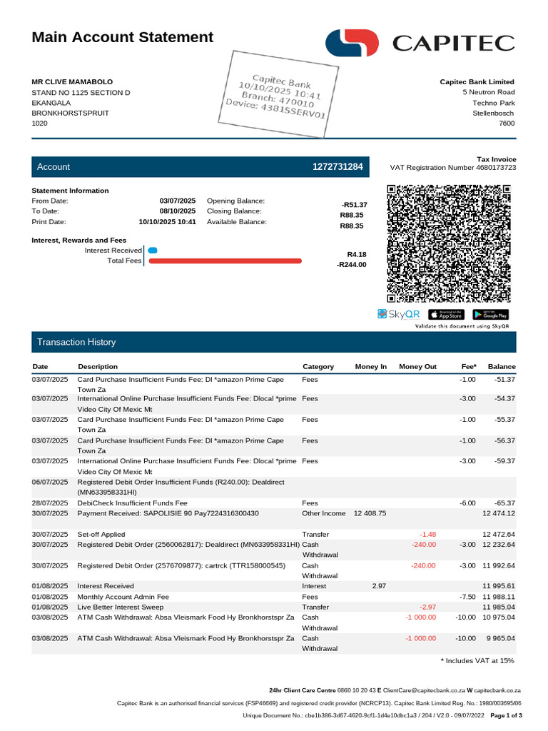 Clive Capitec Bank Statement | PDF | Debit Card | Cash