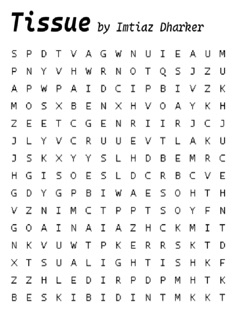 Tissue (Poem by Imtiaz Dharker) Word Search | PDF