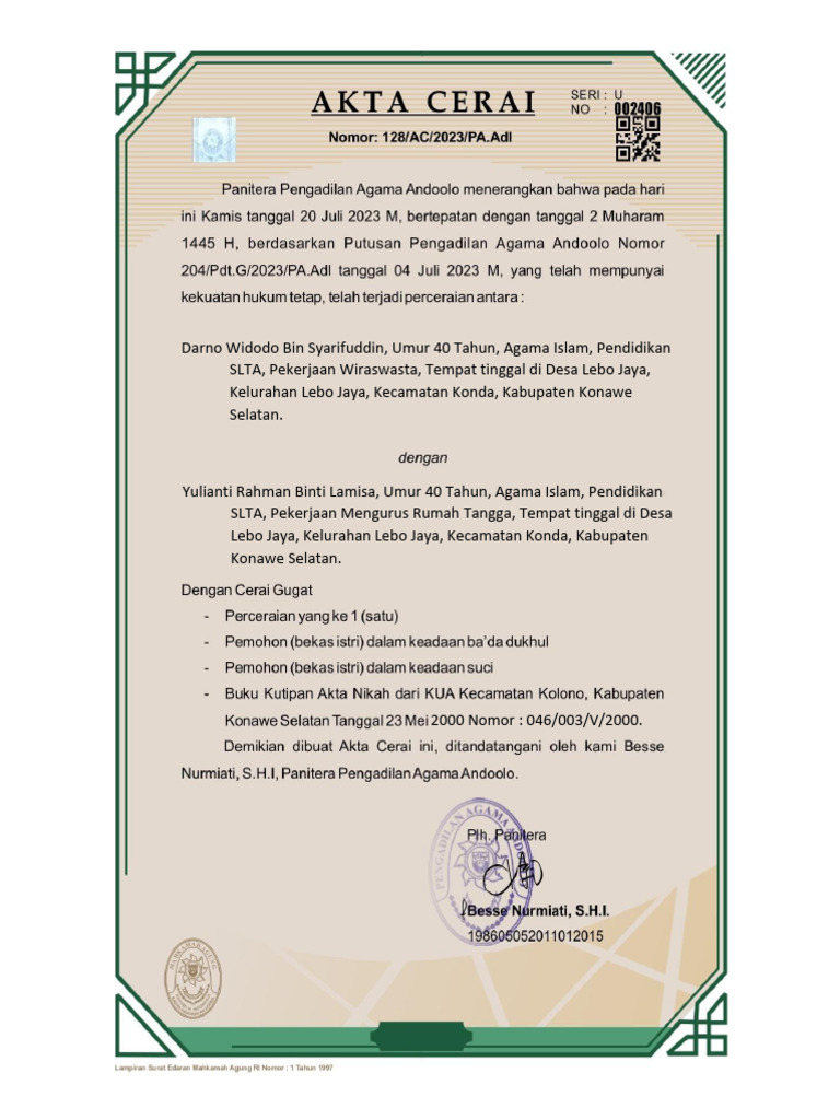 Akta Cerai Darno Widodo | PDF