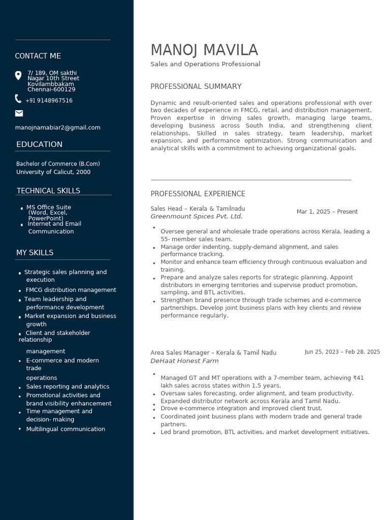 Manoj Mavila Resume A4 | PDF | Business | Economies