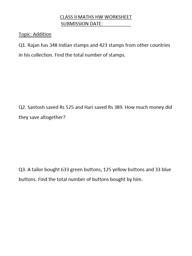Class II Maths Addition Worksheet | PDF