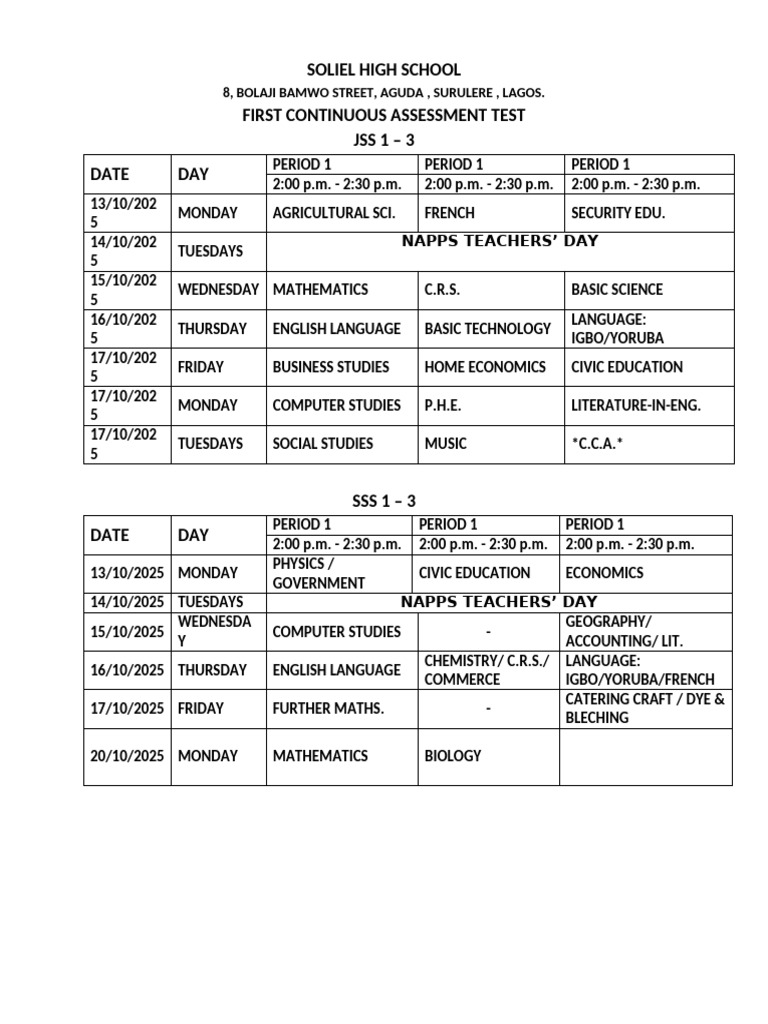 Soleil High School First C.A. Test Timetable 2025-2026 Session | PDF