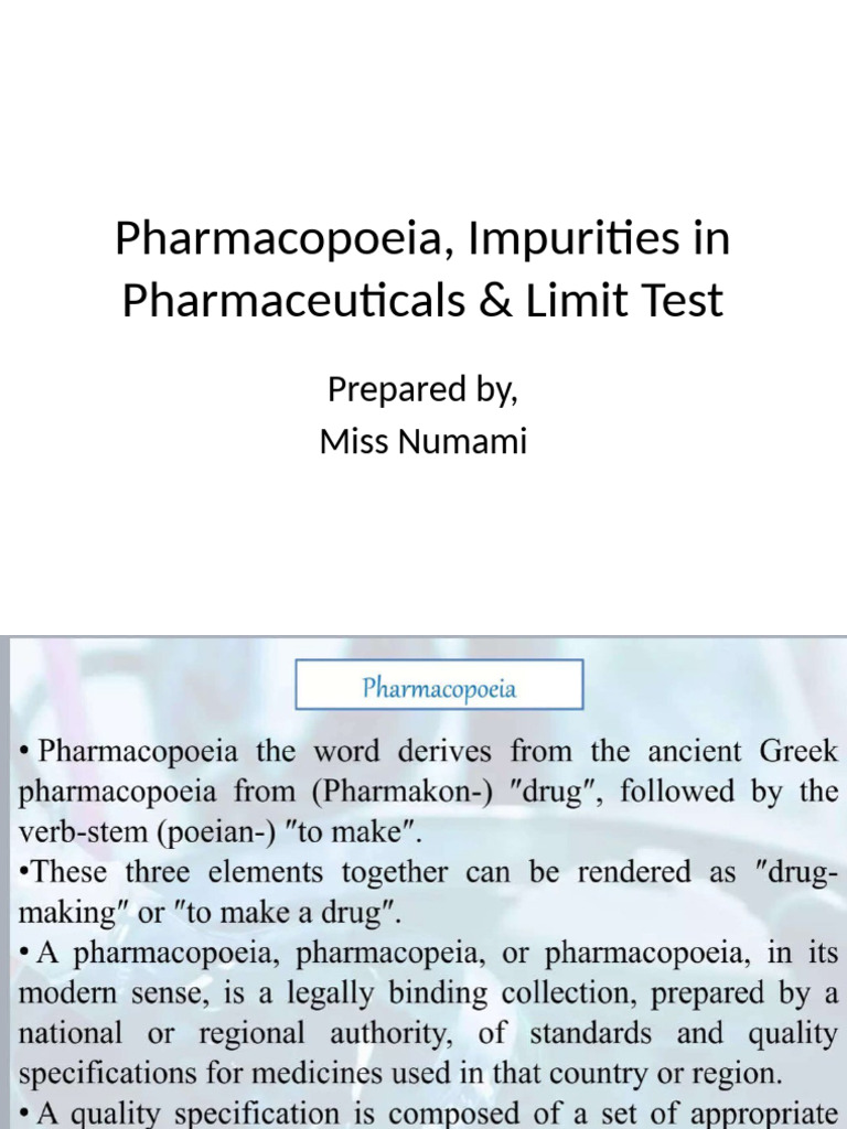 Pharmacopoeia, Impurities & Limit Test | PDF
