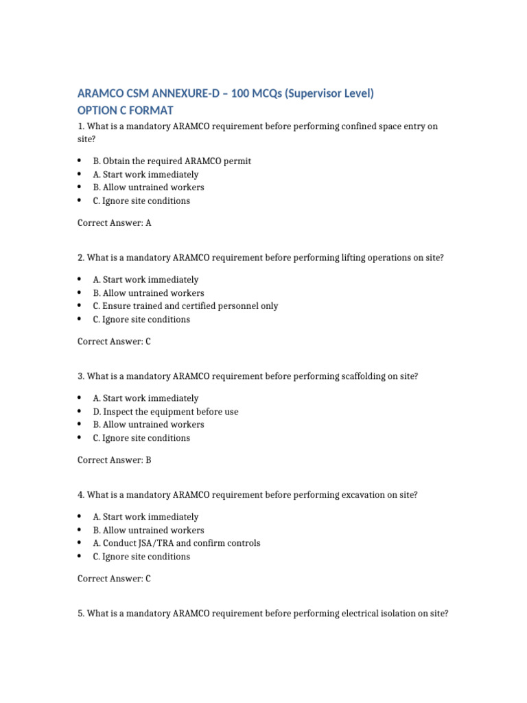 ARAMCO CSM ANNEXURE D 100MCQ OPTION C Final | PDF | Personal Protective ...