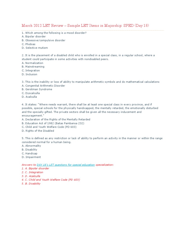 March 2012 LET Review - Sample - Items | PDF | Career & Growth ...