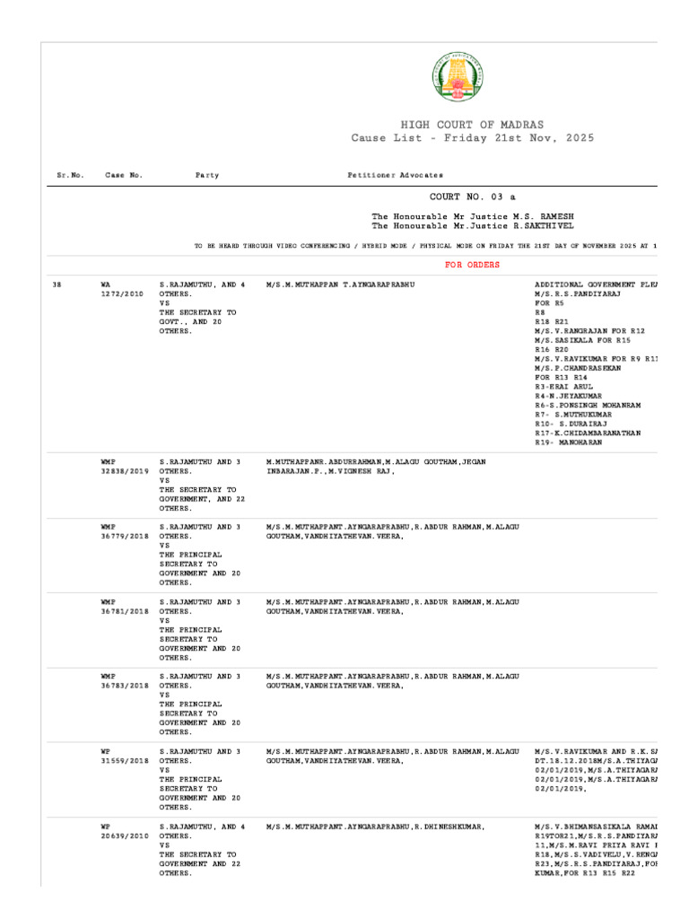 Madras High Court Cause List Nov 21, 2025 | PDF