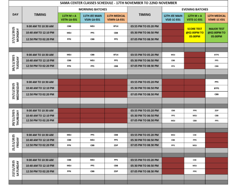Weekly Class Schedule: Nov 17-22, 2025 | PDF