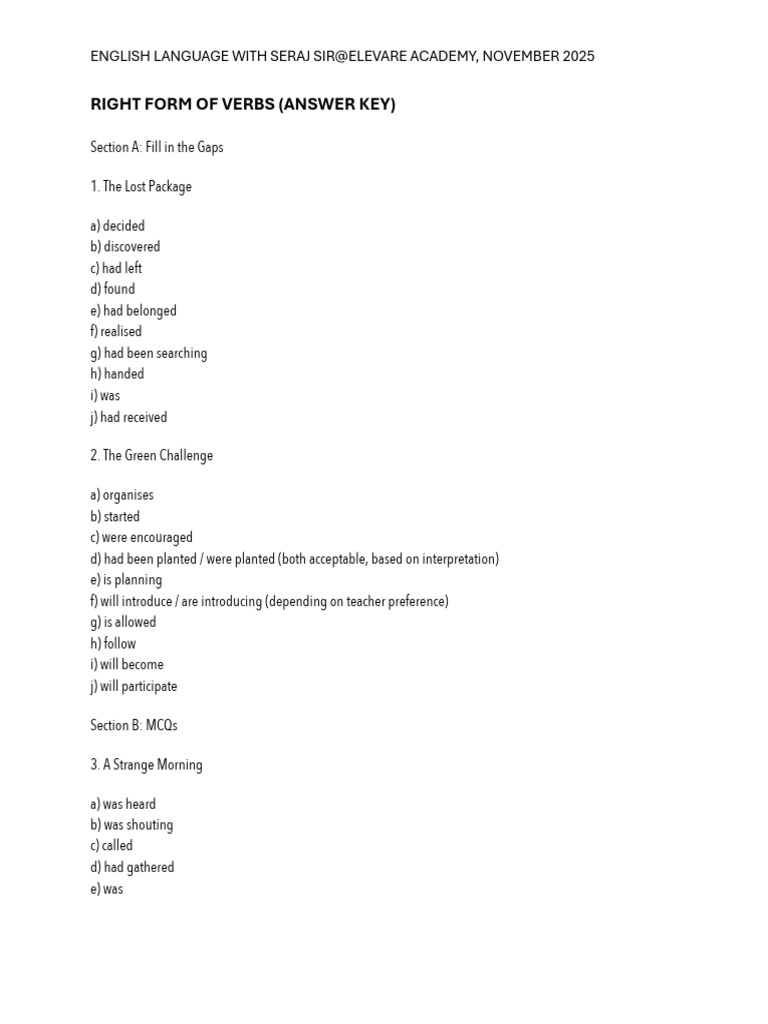 Verb Forms Answer Key for Students | PDF